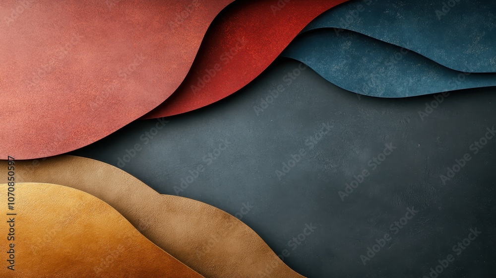 Art featuring layered curves in red, blue, and brown, harmonizing in a ...