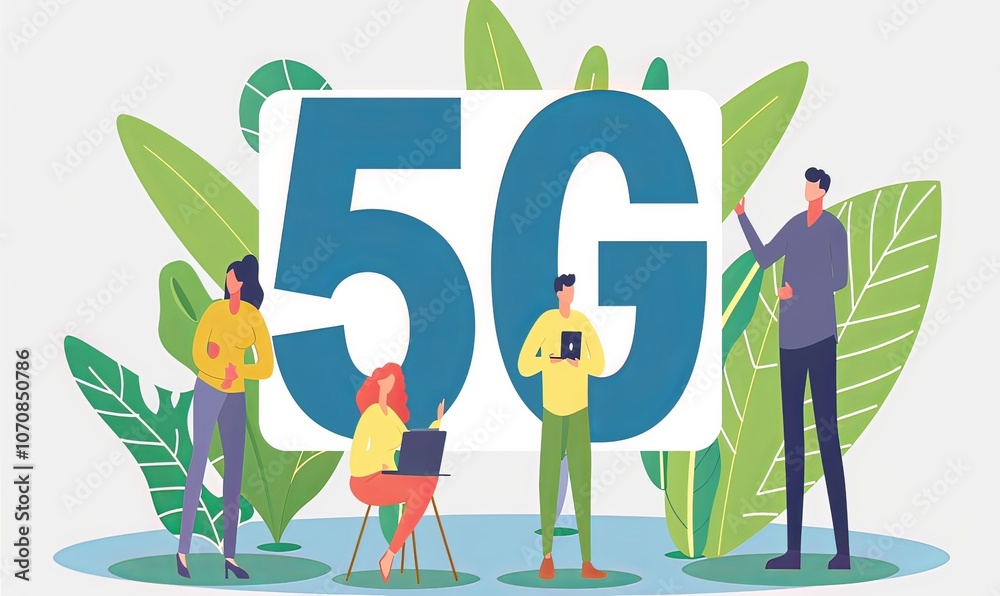 This digital illustration showcases a lively ecosystem where 5G ...
