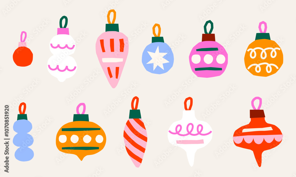 Cute cutout style Christmas ornaments vector illustration set. Hand ...