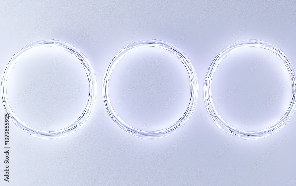 Three glowing circular light fixtures against a soft white background ...
