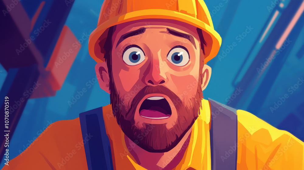 Construction worker with shocked expression, wearing hard hat and ...