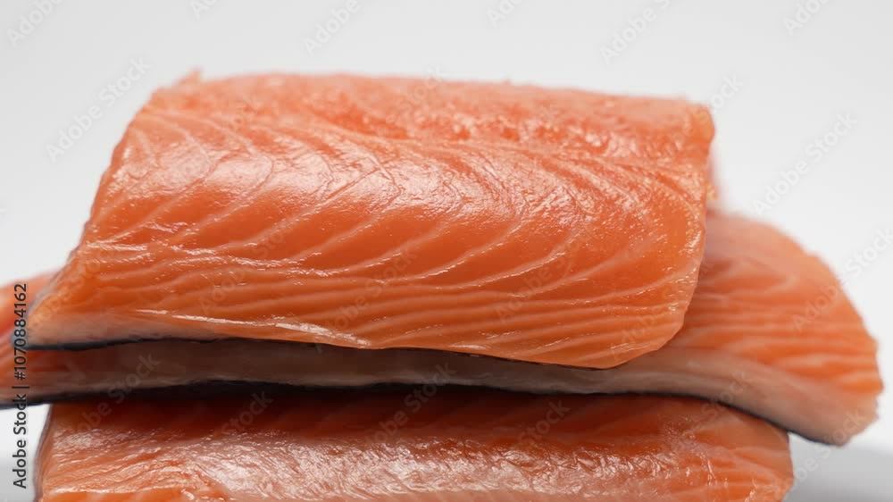 Stack of fish fillets rotating on a white background. Salmon fillets ...