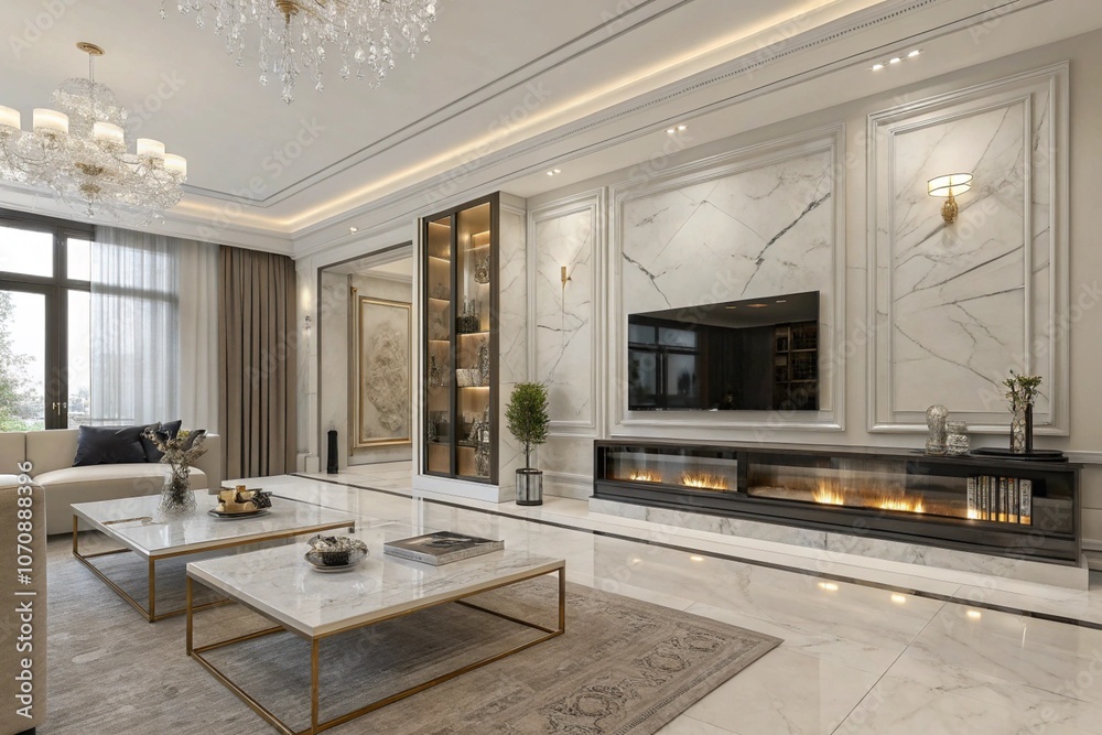Luxurious living room, neoclassical style, white ornate wall panels ...