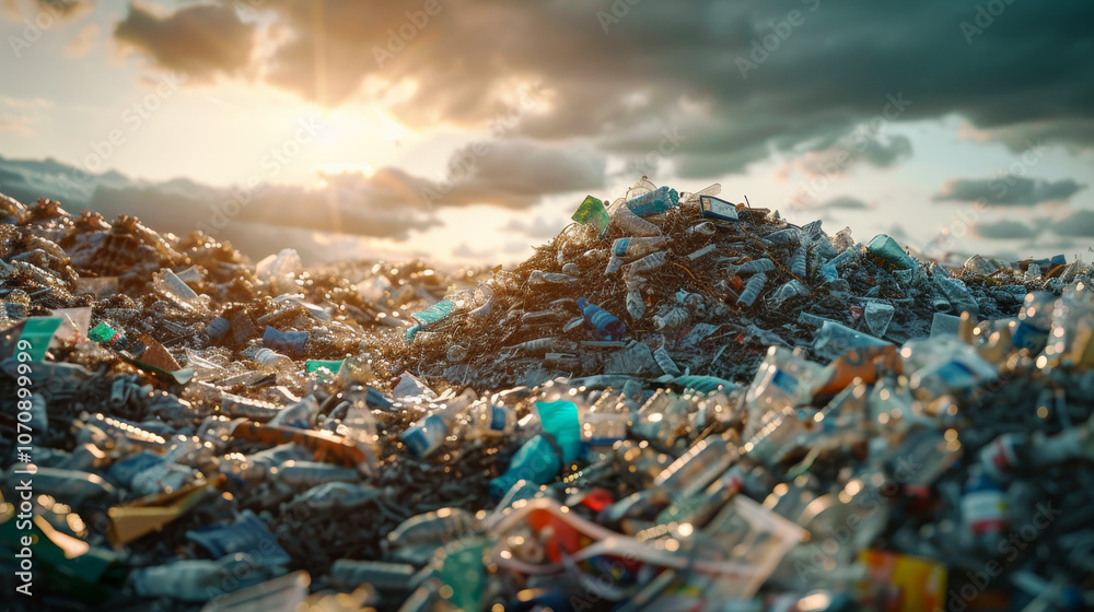 A mountain of trash is piled high with plastic bottles and other ...