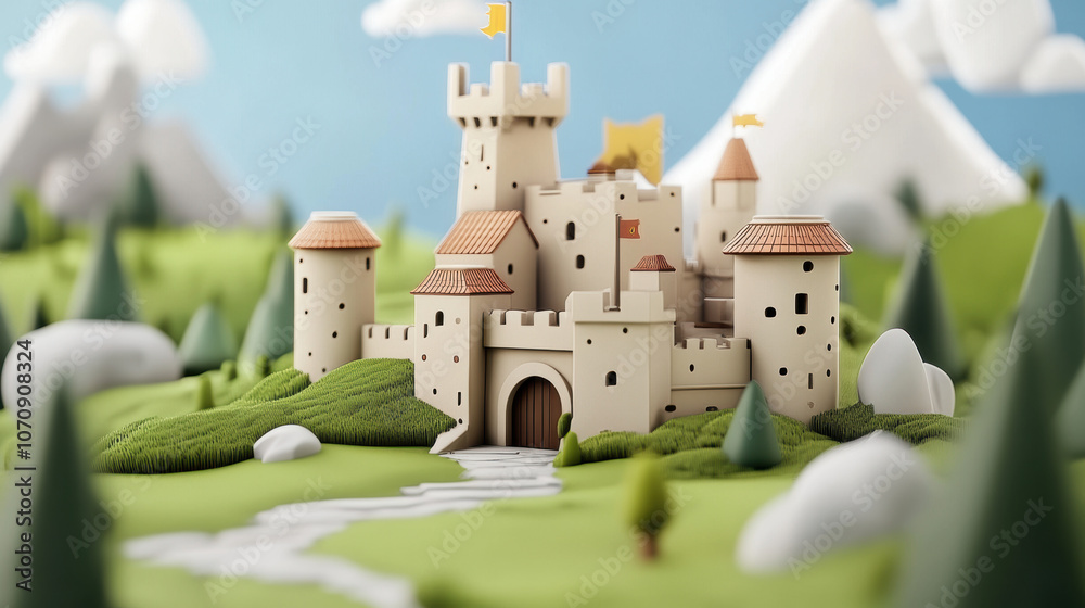 Simple 3D diagram of a medieval fortress with walls and turrets Stock ...