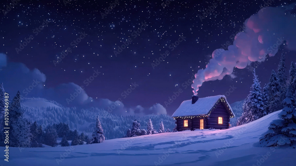 An animated snowy landscape with a cozy cabin, smoke rising from the ...