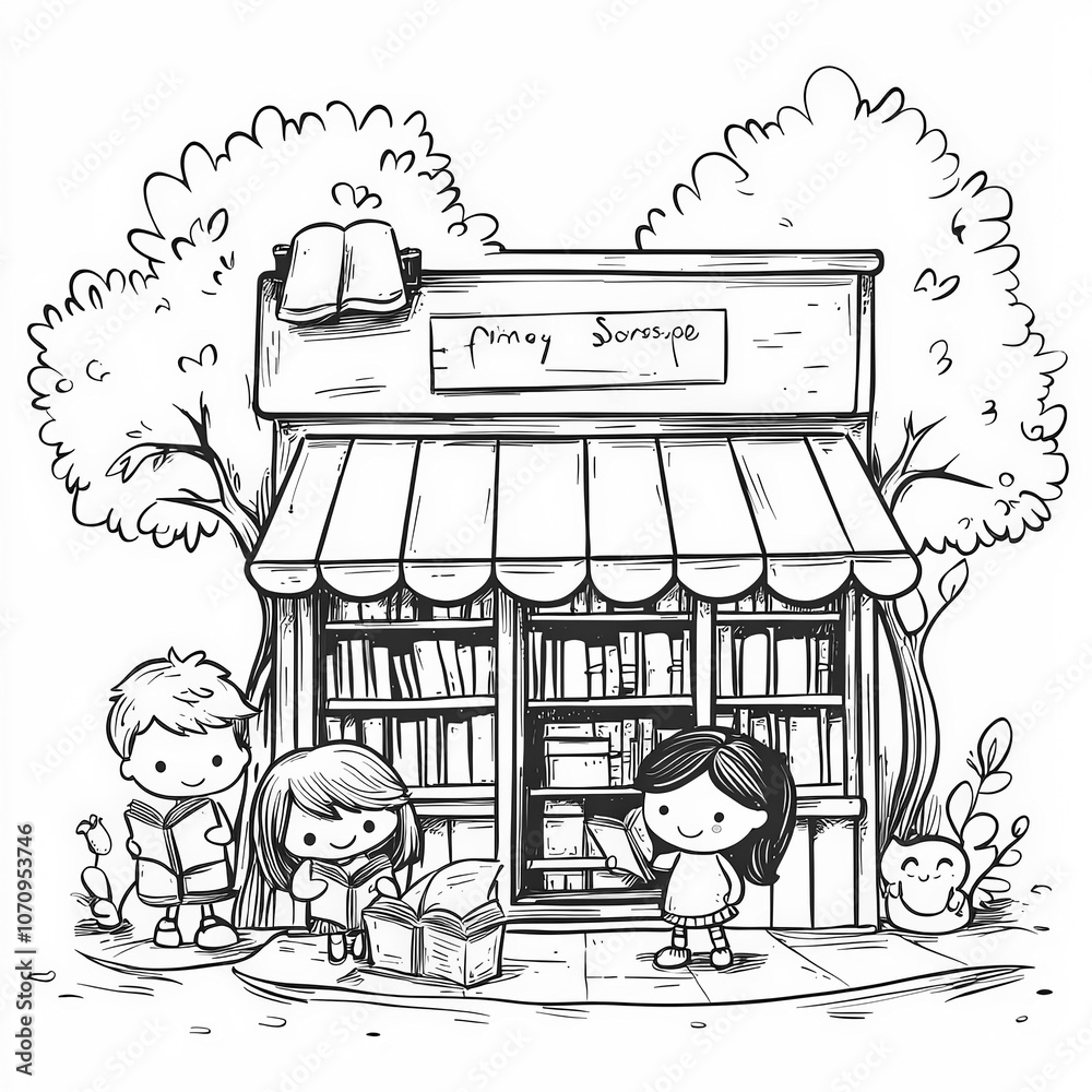 A whimsical bookshop with children reading, coloring page for kids ...