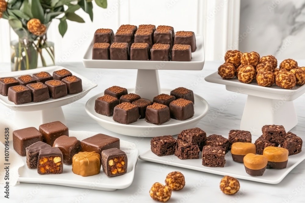 Variedad de chocolates artesanales presentados en varias bandejas ...