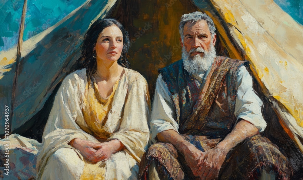 Colorful painting art portrait of Abraham and his wife Sarah sitting in ...