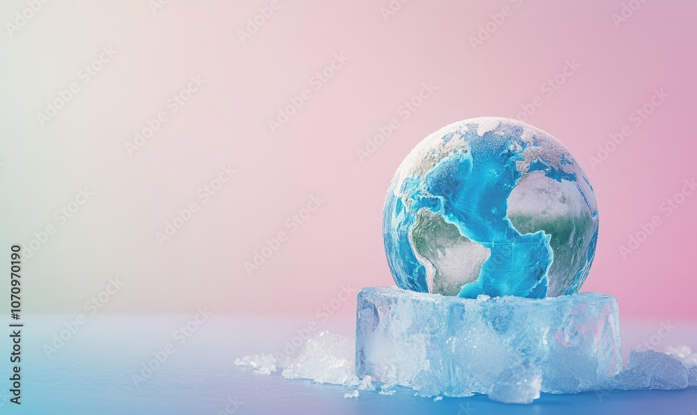 Frozen earth globe inside an ice cube on pastel background with copy ...