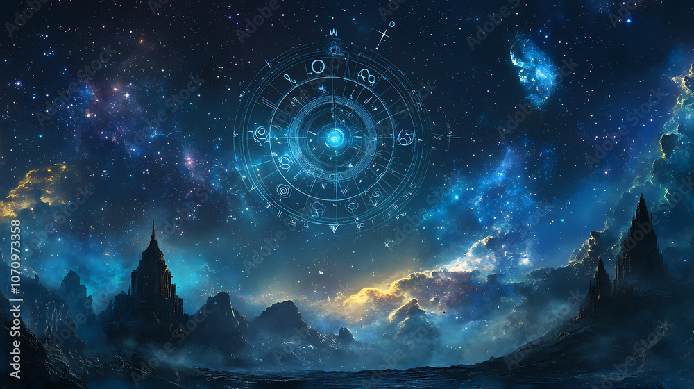Astrological symbols in fantasy space, panoramic banner with zodiac ...