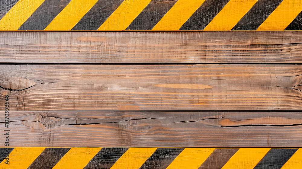 Wooden planks with caution stripes highlighting warning signs and ...