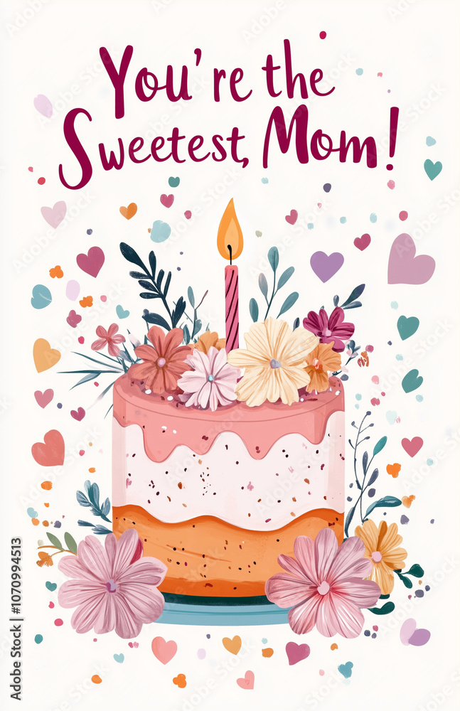 card for mom from daughter or son. cake illustration for mom's birthday ...