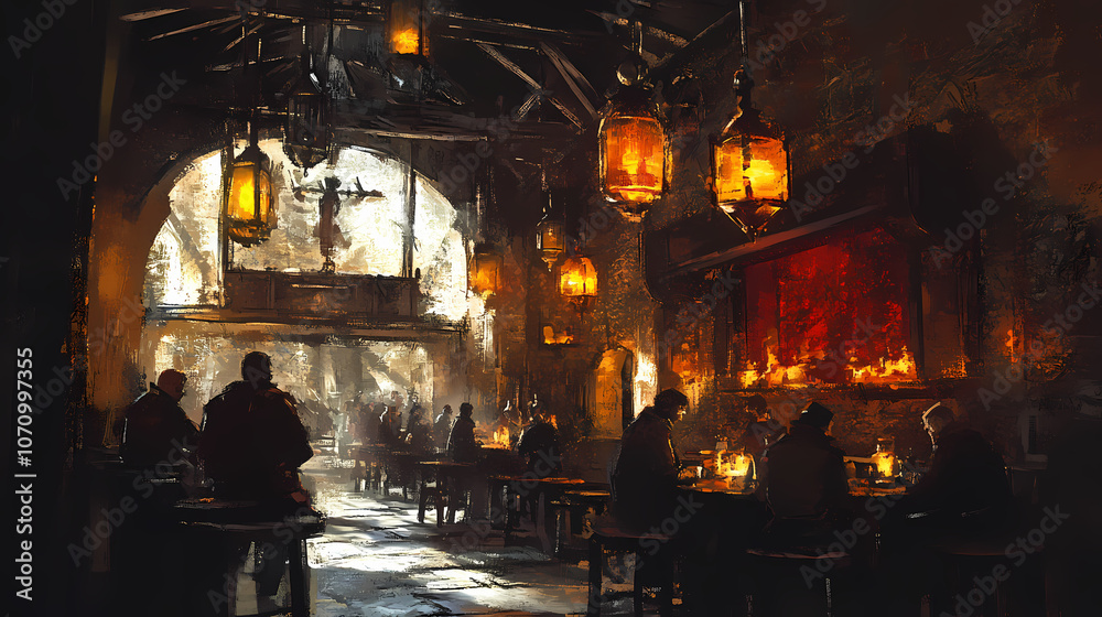 Warm lit friendly medieval fantasy tavern inn, lanterns, concept art ...