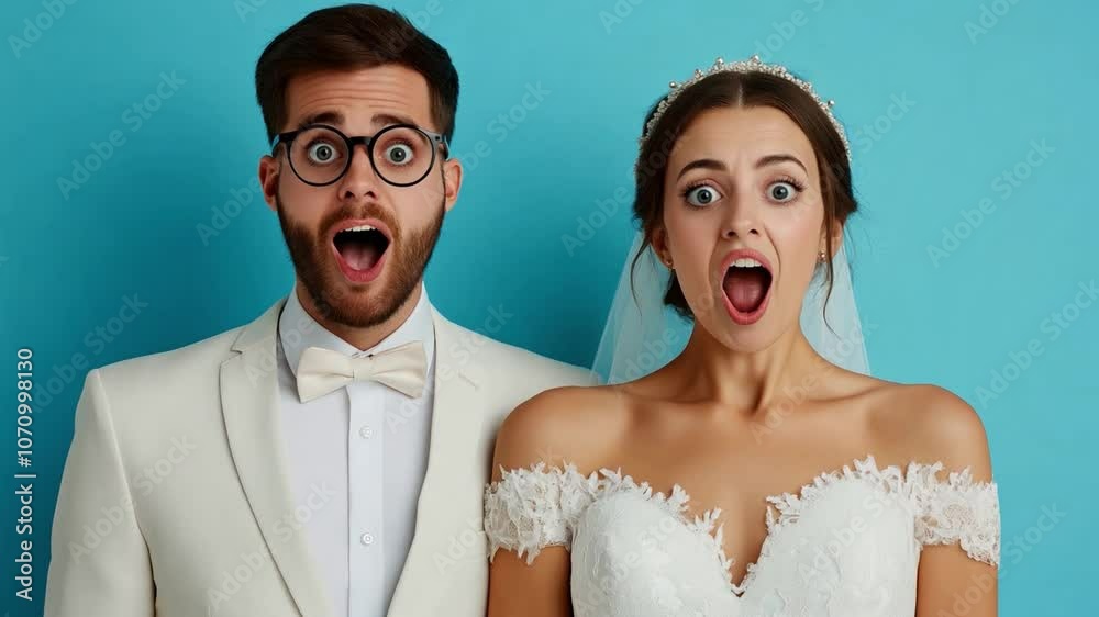 Astonished couple in wedding attire shows their shock with wide eyes ...