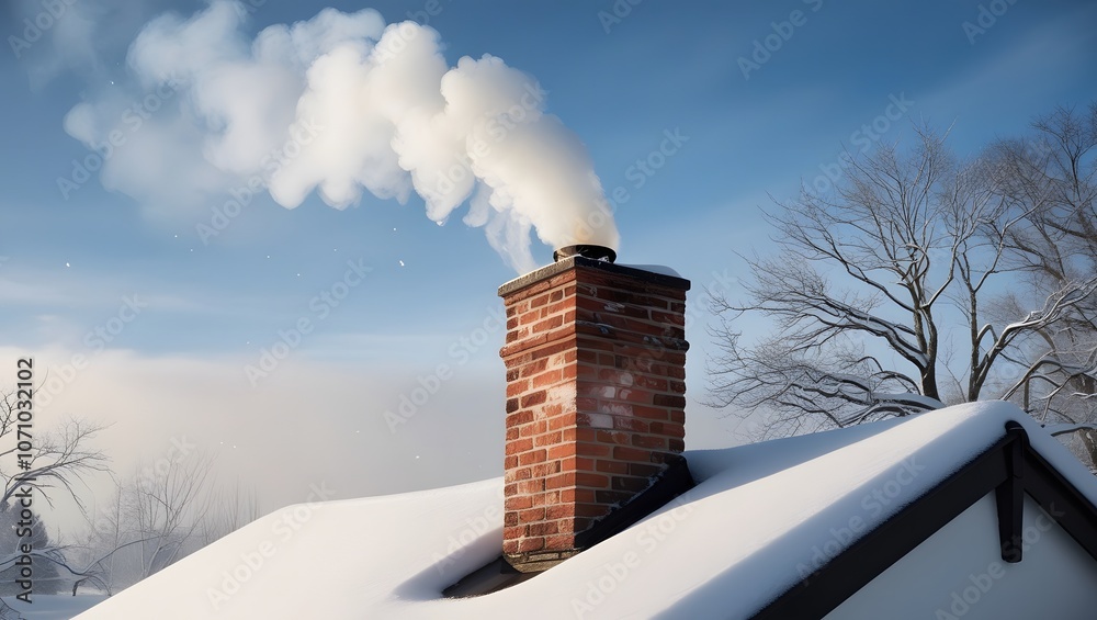 The chimney of a house emits a little smoke from a fire that provides ...
