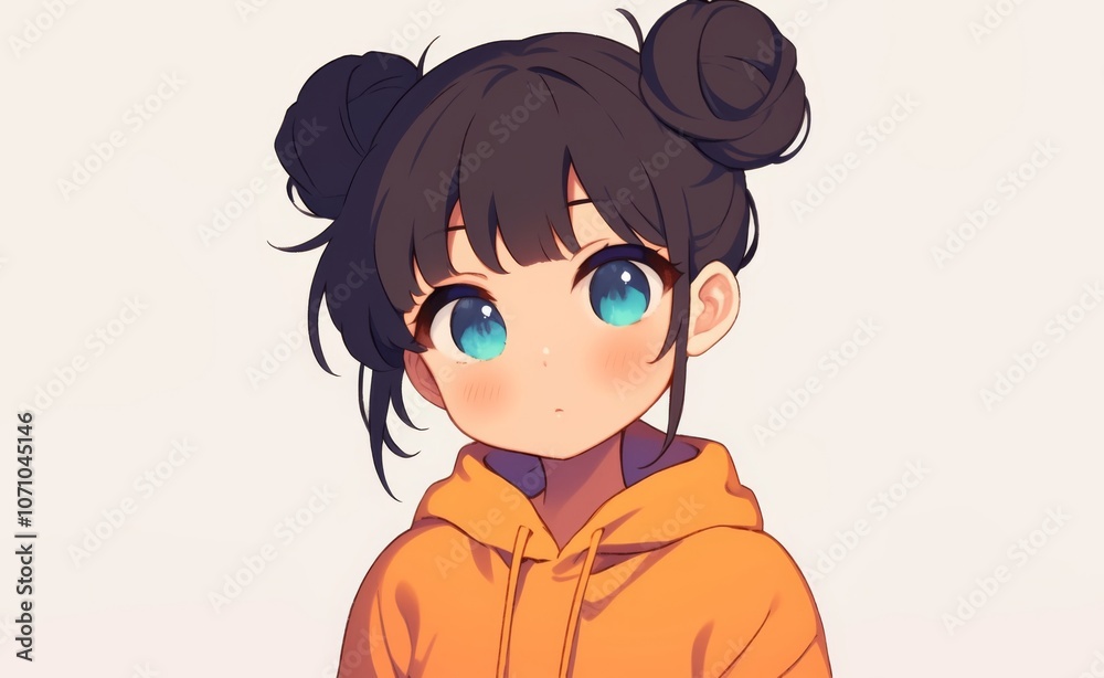 Cute chibi girl with black hair in buns, wearing a dark blue hoodie, in ...