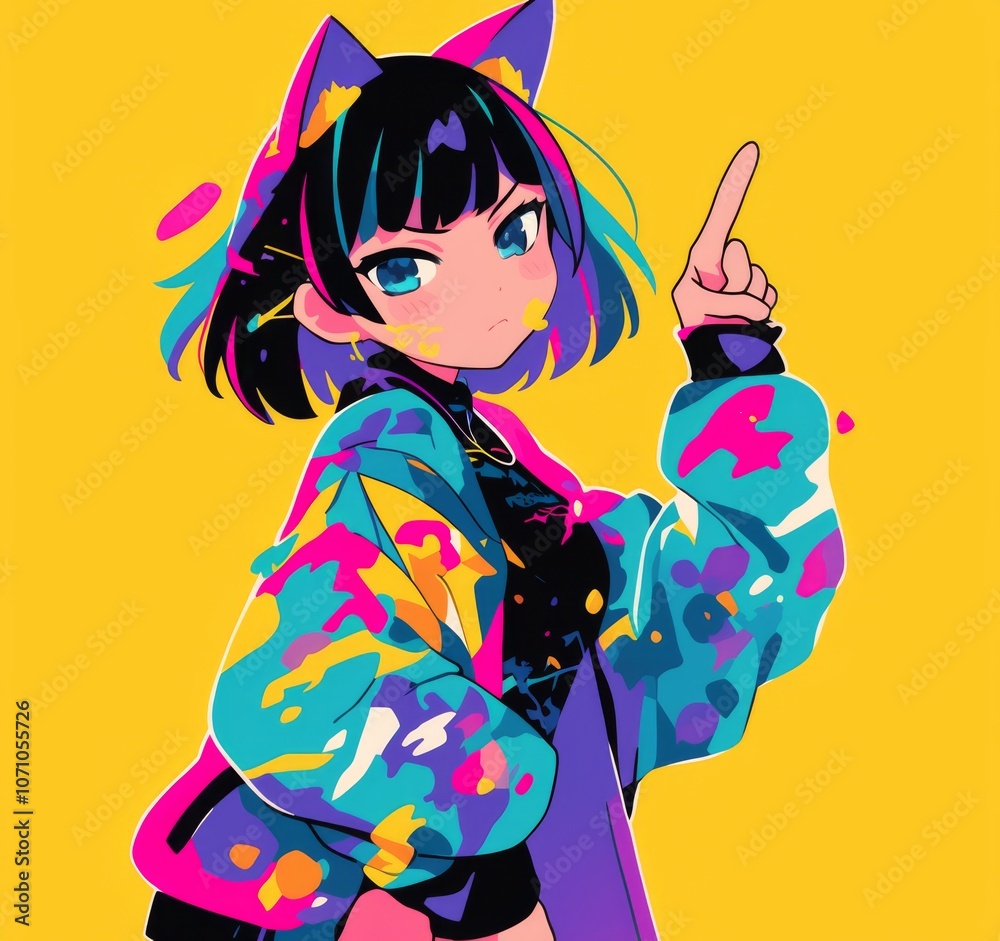 Energetic and vibrant anime girl with cat ears, black hair, and ...