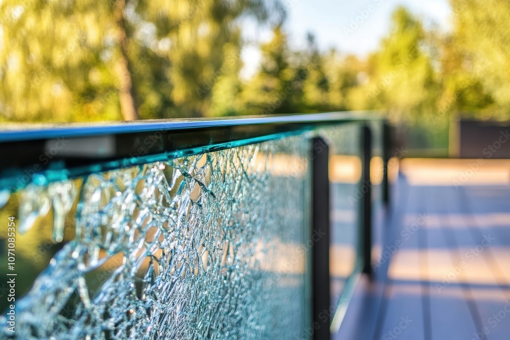 Shattered glass railing and broken guard on terrace highlighting ...