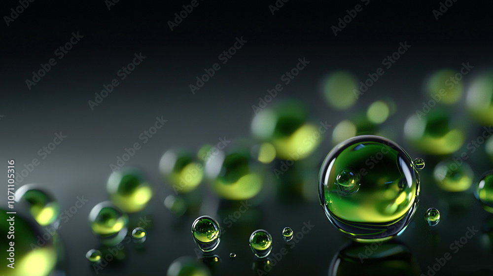 A cluster of emerald bubbles bobbing atop a jet-black expanse with ...