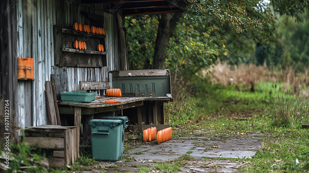 Clay pigeon trap shooting setup, including clay targets, representing ...