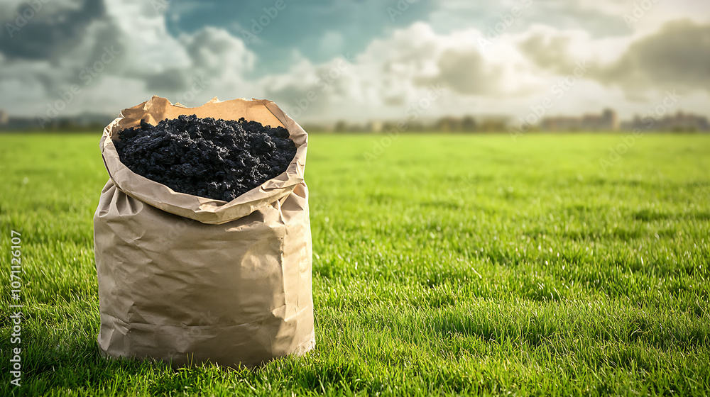 Large heavy paper bag filled with biochar on a grassy field ...