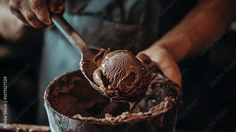 scooping chocolate ice cream close up shot, shallow focus with dark ...
