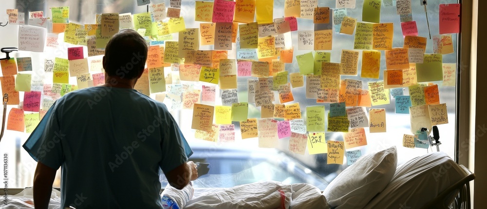 Patients wearing hospital gowns read post-it notes with encouraging ...