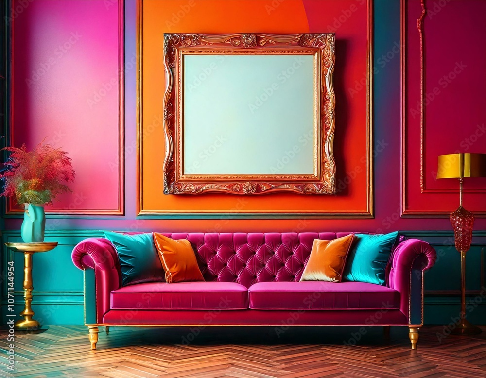 mock up of framed photo on wall colourful room with sofa art gallery ...
