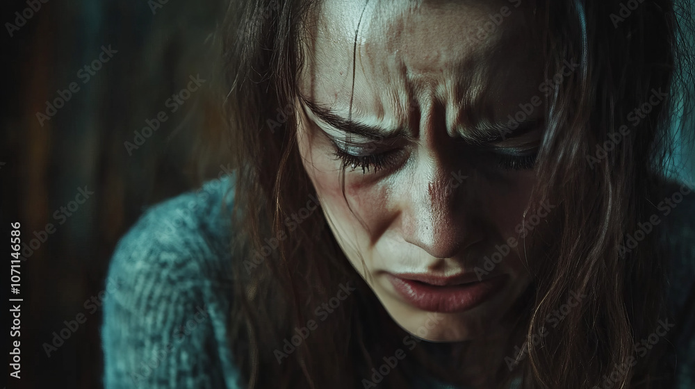 A devastated crying woman closeup with sad despairing distraught ...