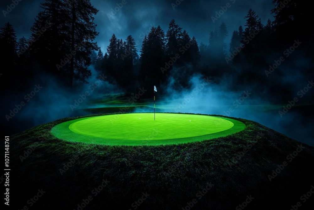 Gothic-inspired golf course with misty greens, dark trees, and an eerie ...