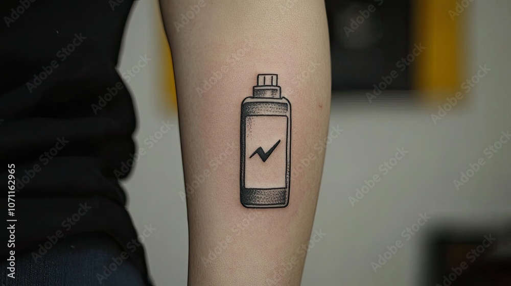 Close-up of a charging battery tattoo on a forearm, emphasizing the ...