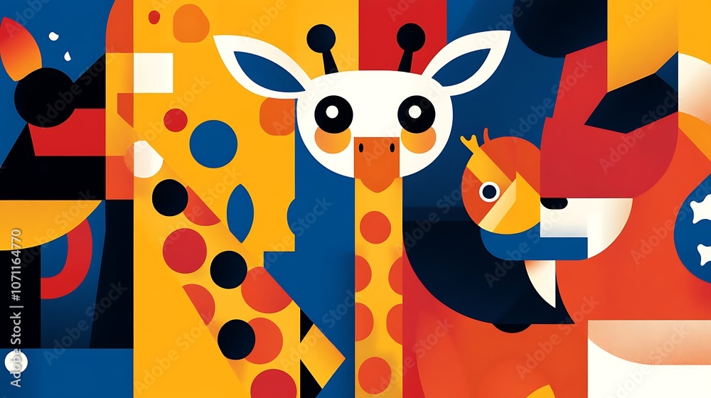 A modern vector art scene with various animals like a giraffe, tiger ...