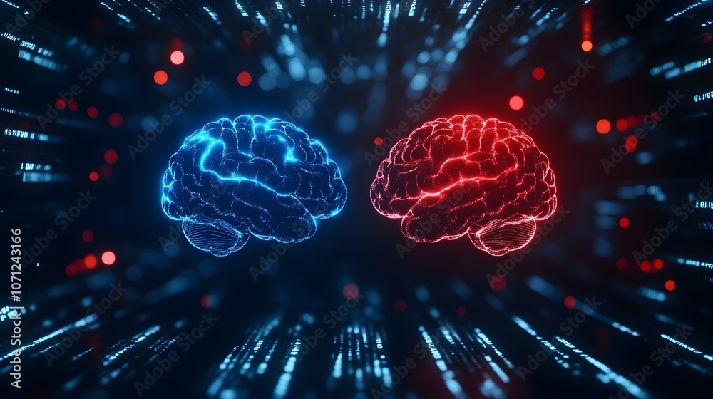Red and blue brains connected by glowing gears, floating in a high-tech ...