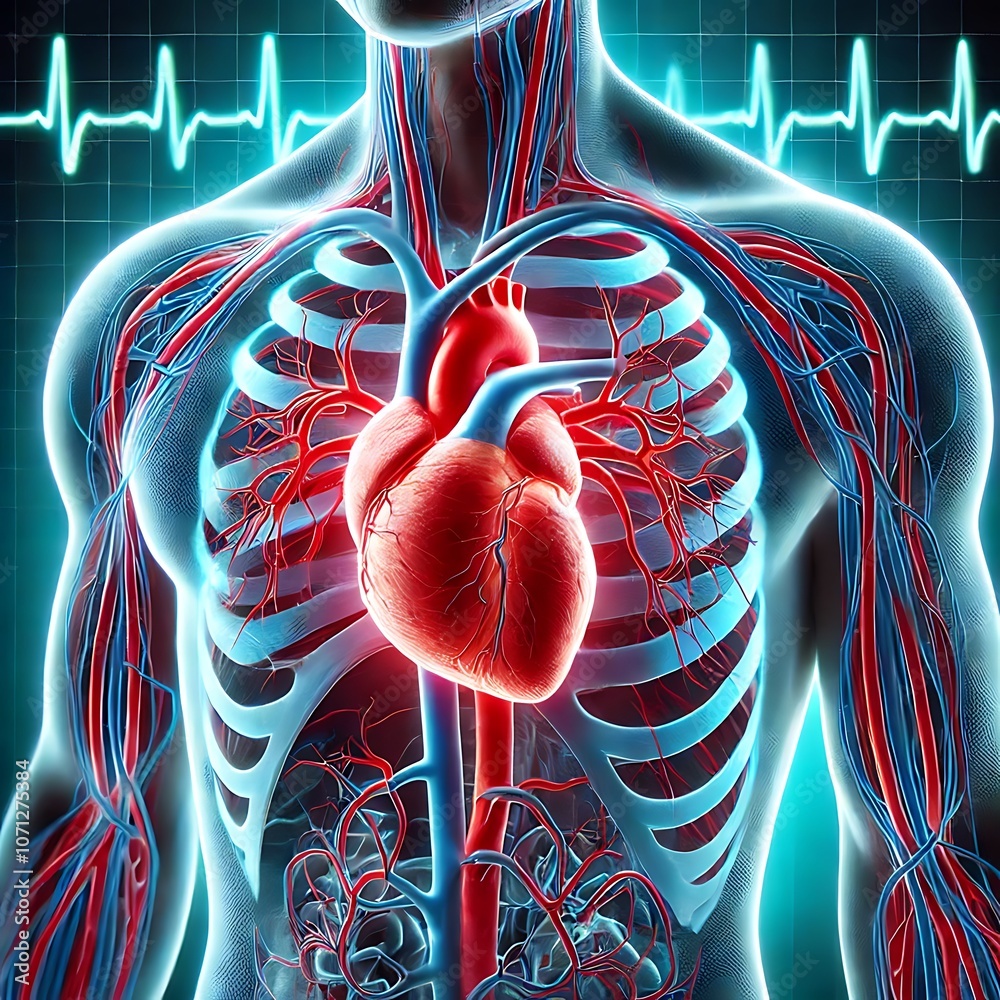 3D Human Heart Anatomy with ECG Line, Realistic 3D illustration of a ...