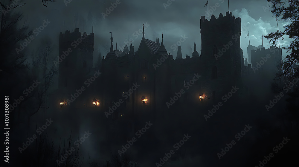 3. A dark, ancient castle at the edge of a forest, dimly lit by ...