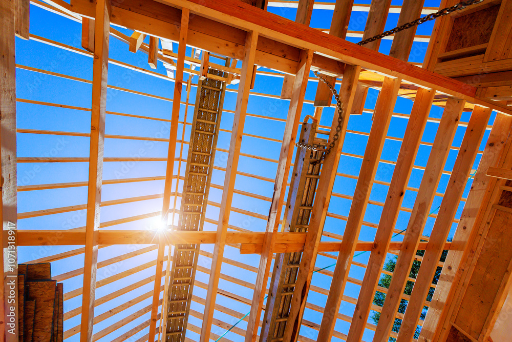 Building roof framing of building roof, featuring intersecting wooden ...