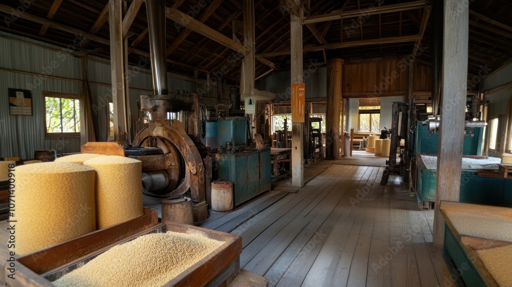 A traditional rice mill layout, with machinery for grain husking and ...