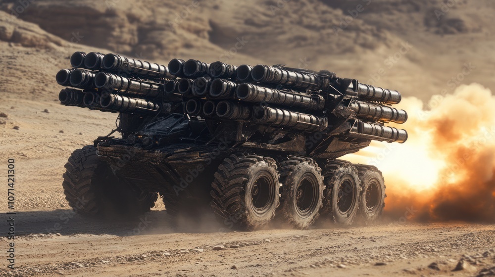 Ground strike multi-barrel rocket system, showcasing the power and ...