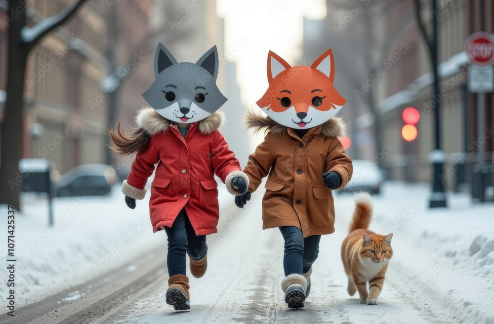 Two kids friends quadrober child girls in cat masks running on winter ...