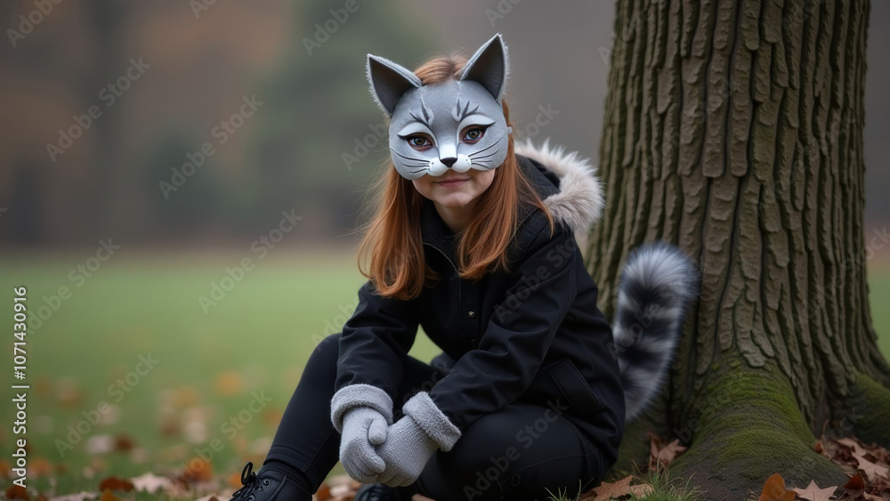 quadrober child girl in cat mask sits on all fours in park, quadrobics ...