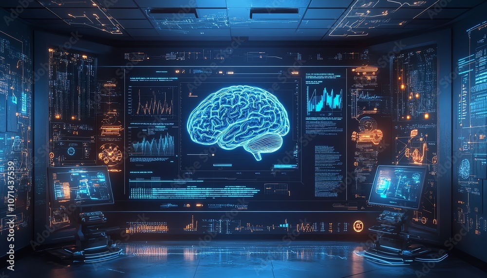 Digital medical screen displaying brain scan images with overlaid ...