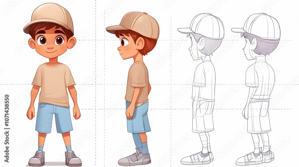 Cartoon boy character illustration with full body, side view and line ...