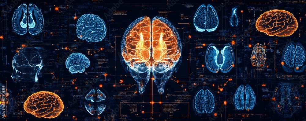 Monographic background with brain scans and diagnostic icons in dark ...