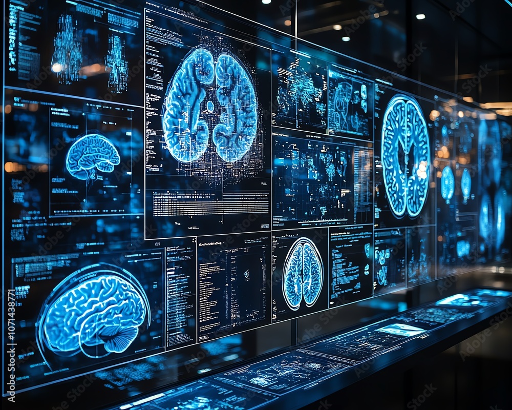 A digital screen showcasing multiple brain scans with bluethemed data ...
