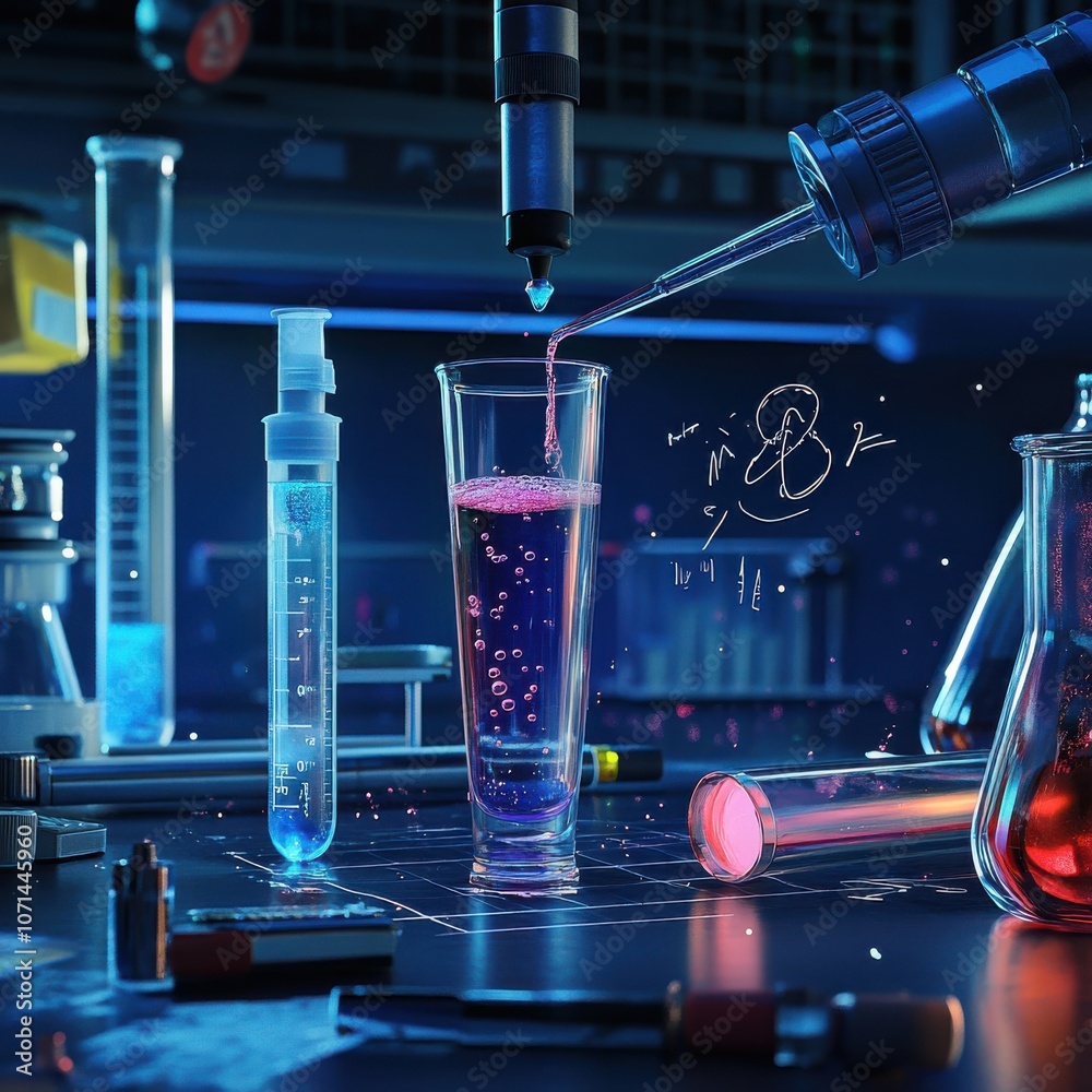 Laboratory setting with test tube containing viscous liquid and pipette ...