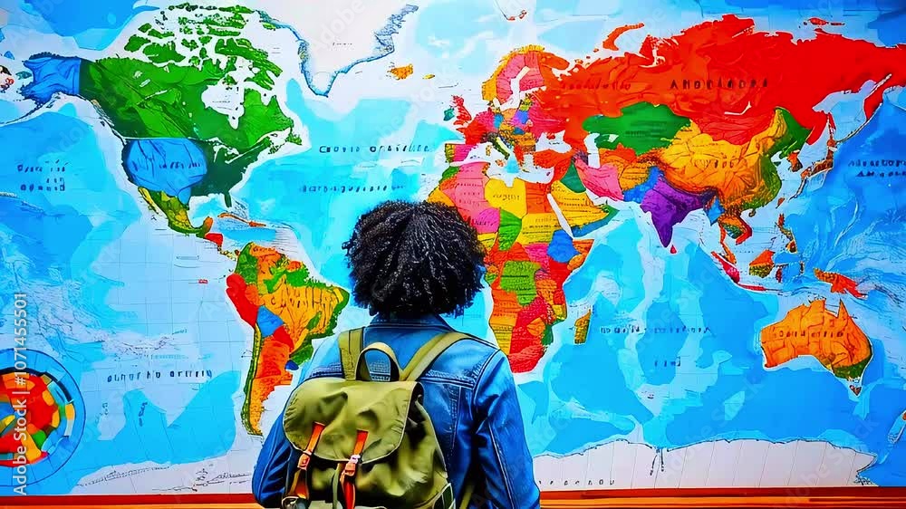 Back View of a Curious Child Studying a Vibrant World Map Stock Video ...