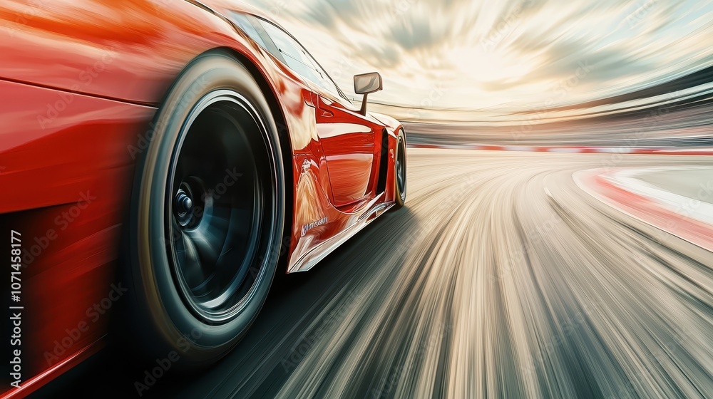 A close-up view of a red sports car speeding around a racetrack, with ...