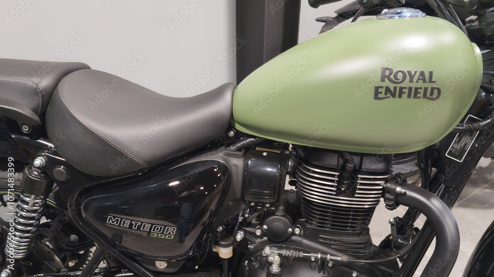 Royal Enfield meteor 350 logo brand and text sign on Indian motorbike ...