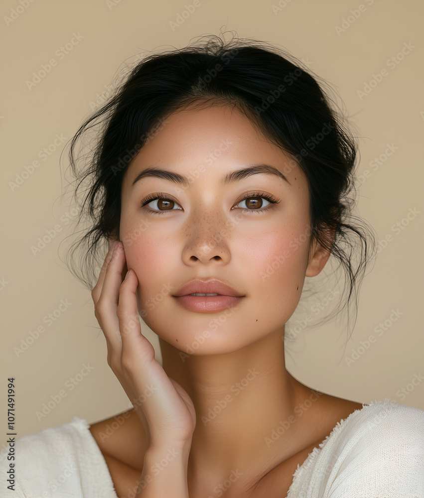 beautiful Asian woman with her hand on her cheek, touching and facing ...